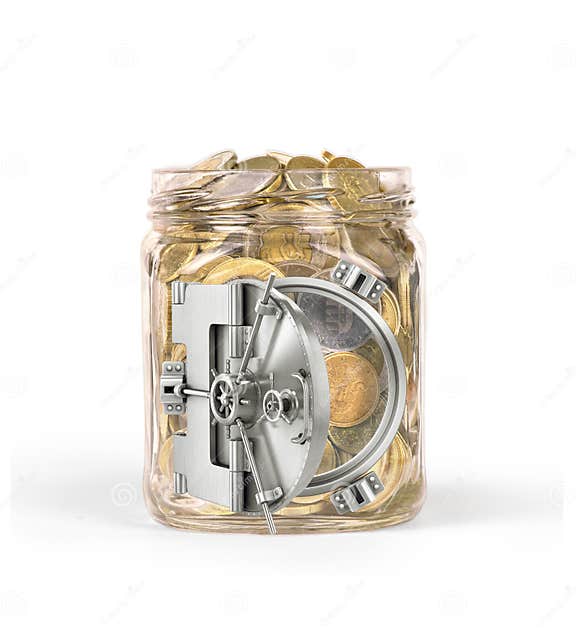 Open Safe Doors on a Glass Jar Stock Photo - Image of full, change ...