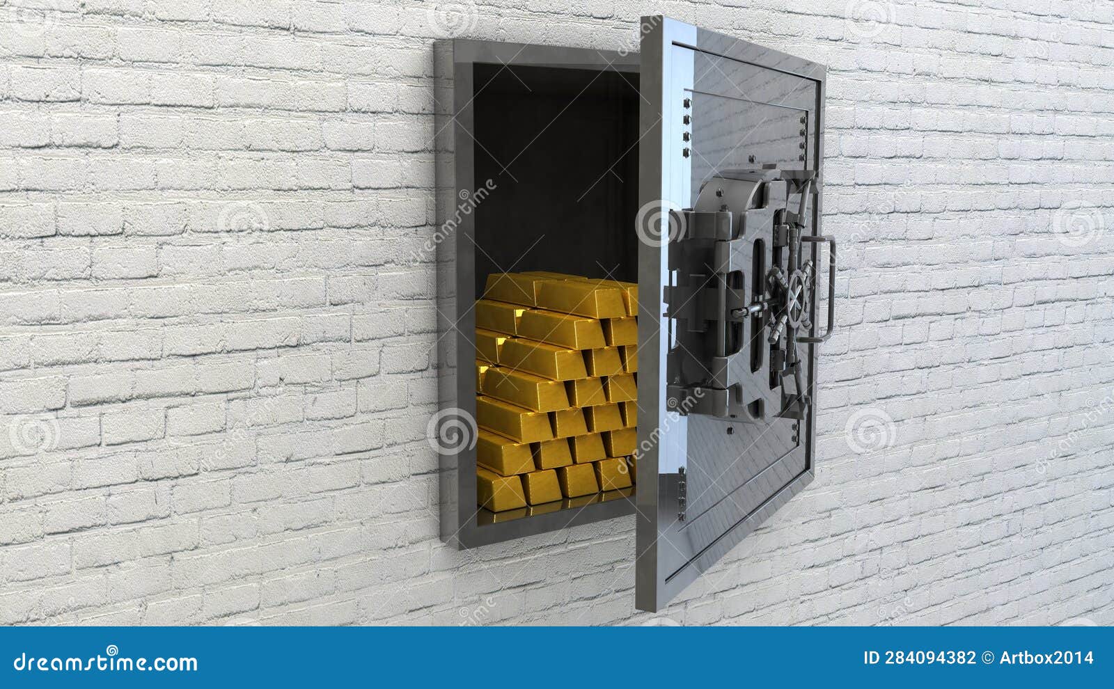 An Open Safe with Gold Bars Inside a Slide. 3D Render Stock ...