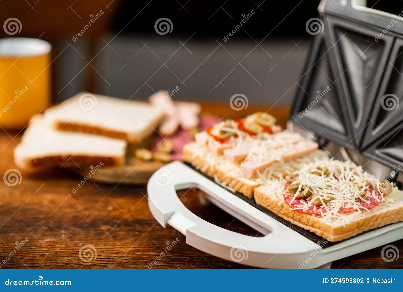 Open Sandwich Maker with Cheese Toast and Sausages. Sandwiching Stock ...