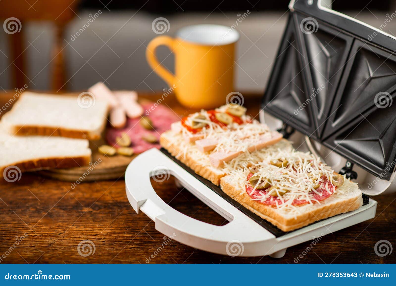 Open Sandwich Maker with Cheese Toast and Sausages. Sandwiching Stock ...