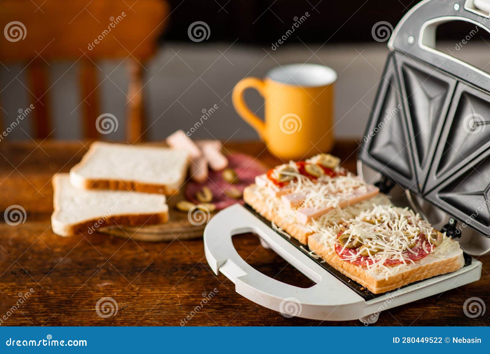 Open Sandwich Maker with Cheese Toast and Sausages. Sandwiching Stock ...