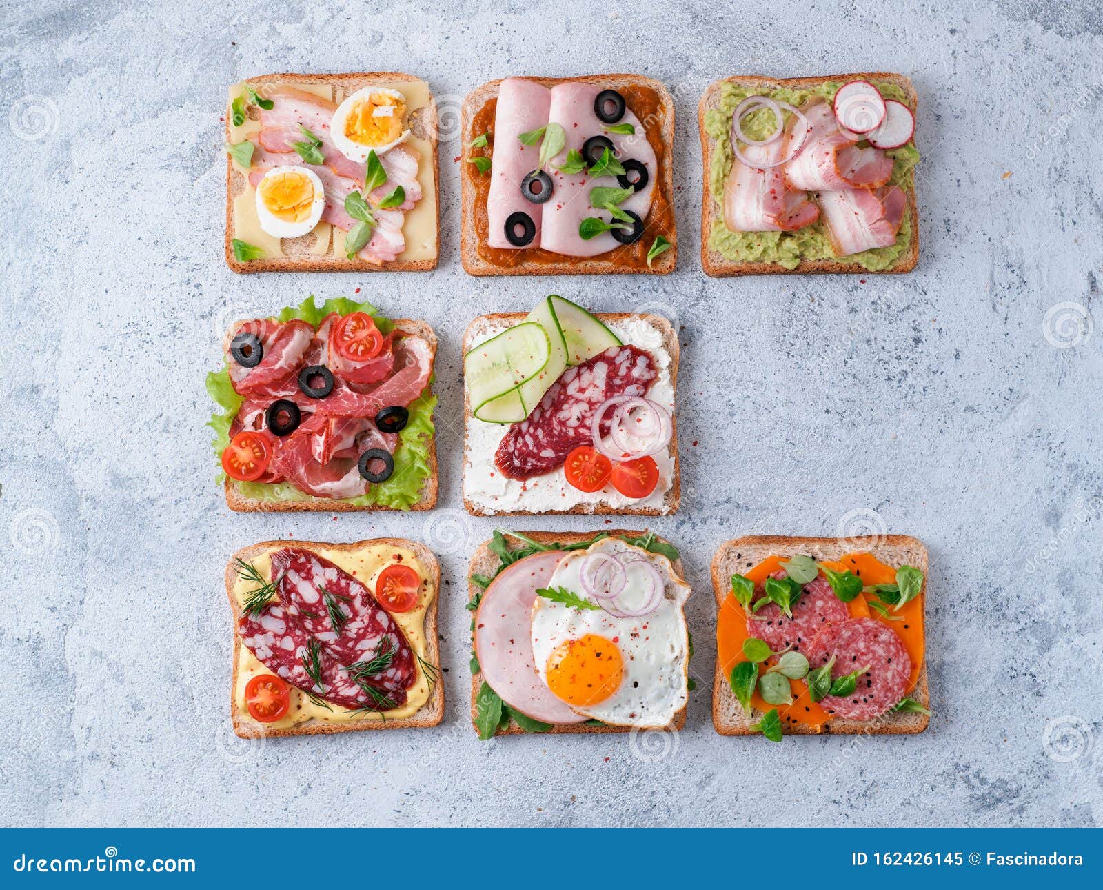 Open Sandwiches with Different Meat, Copy Space Stock Image - Image of ...