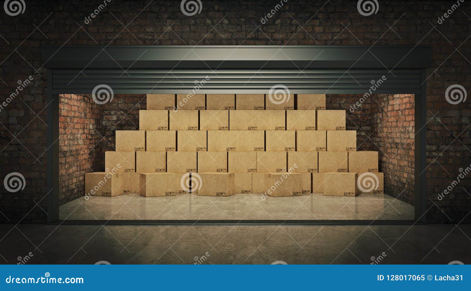 Open Self Storage Unit Full of Cardboard Boxes. 3d Rendering Stock ...