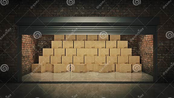 Open Self Storage Unit Full of Cardboard Boxes. 3d Rendering Stock ...