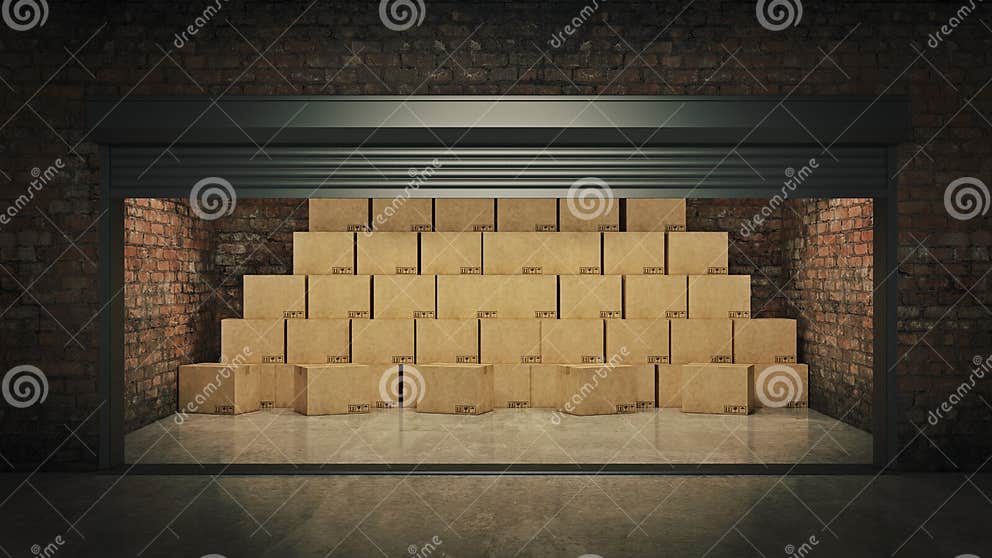 Open Self Storage Unit Full of Cardboard Boxes. 3d Rendering Stock ...