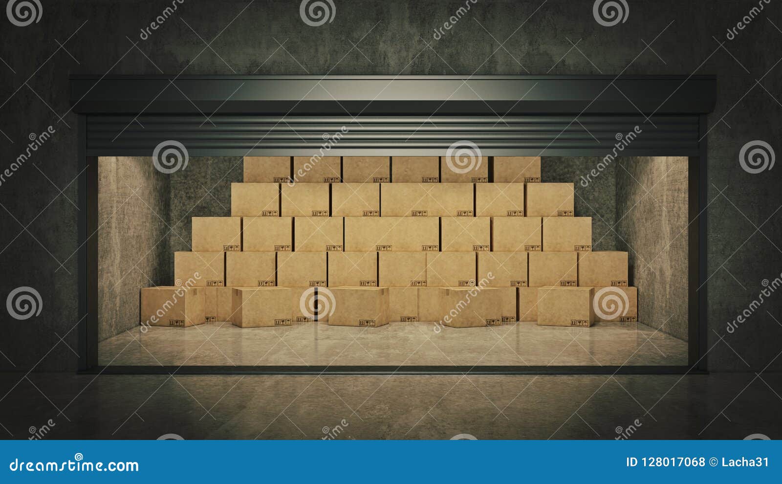 Open Self Storage Unit Full of Cardboard Boxes. 3d Rendering Stock ...