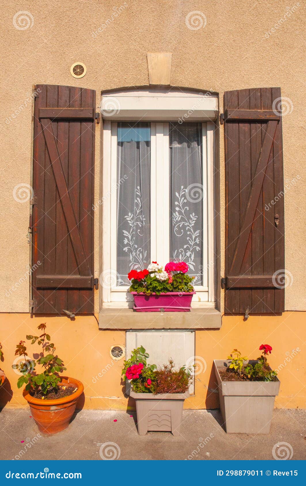 Open Shuttered Window with Group of Flower Planters Stock Image - Image ...