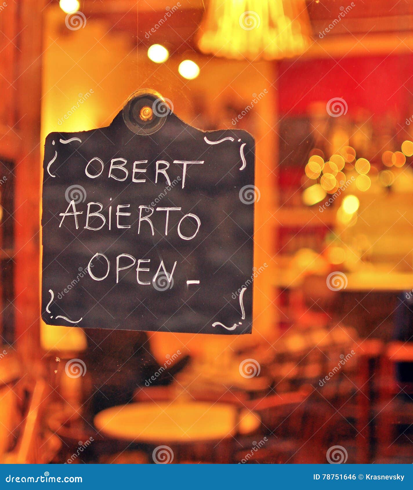 Open Sign in English, Catalan and Spanish Stock Photo - Image of cafe ...