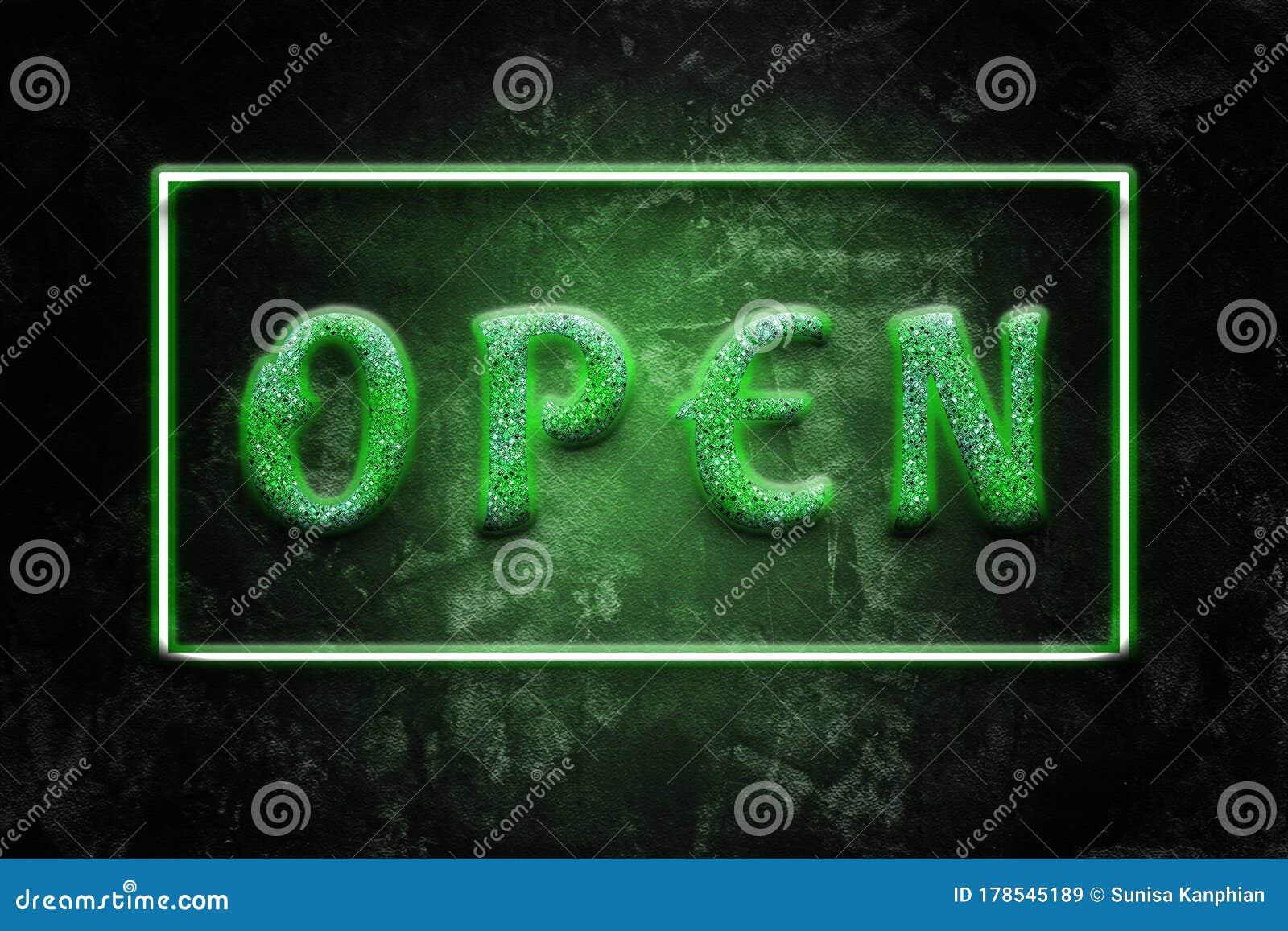 Open Sign Green Neon Light on Black Concrete Wall, 3D Illustration ...