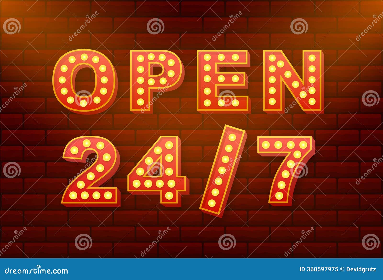 Open 247 Sign with Light Bulbs on a Brick Wall Background Stock ...