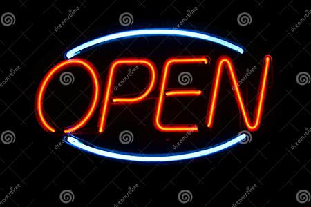 Bright Neon Open Sign Glowing Against a Dark Background Stock Photo ...