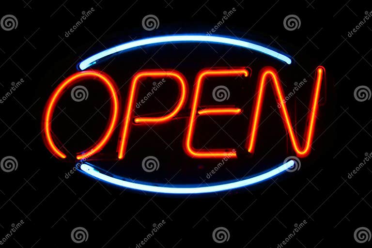 Bright Neon Open Sign Glowing Against a Dark Background Stock Photo ...