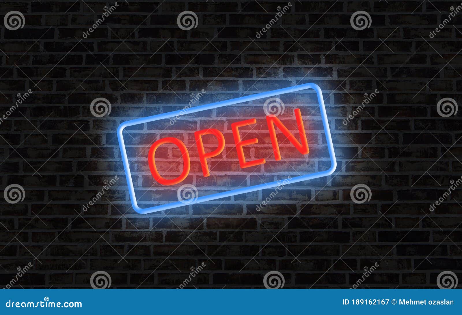 Open Sign Neon Lamp. Sparkles at Night on Brick Wall Stock Image ...