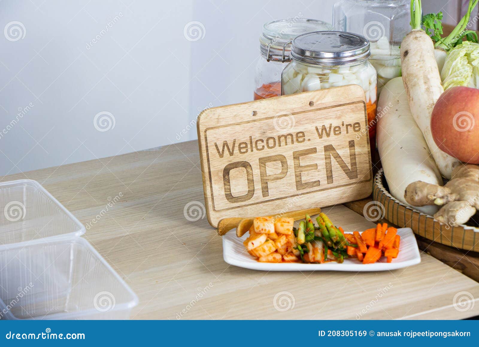 Open Sign on the Table with Fruits and Vegetables Stock Image - Image ...