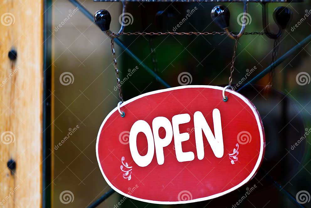 Open sing in front of shop stock image. Image of sale - 25862457
