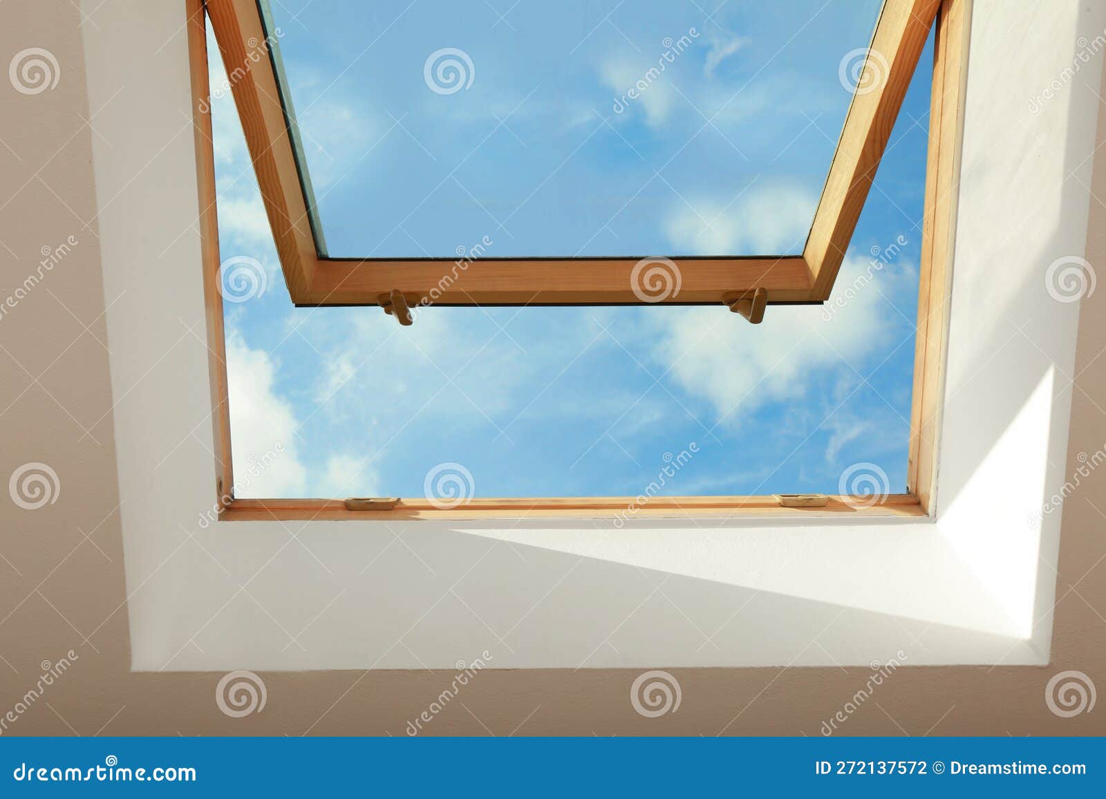Open Skylight Roof Window on Slanted Ceiling in Attic Room, Bottom View ...