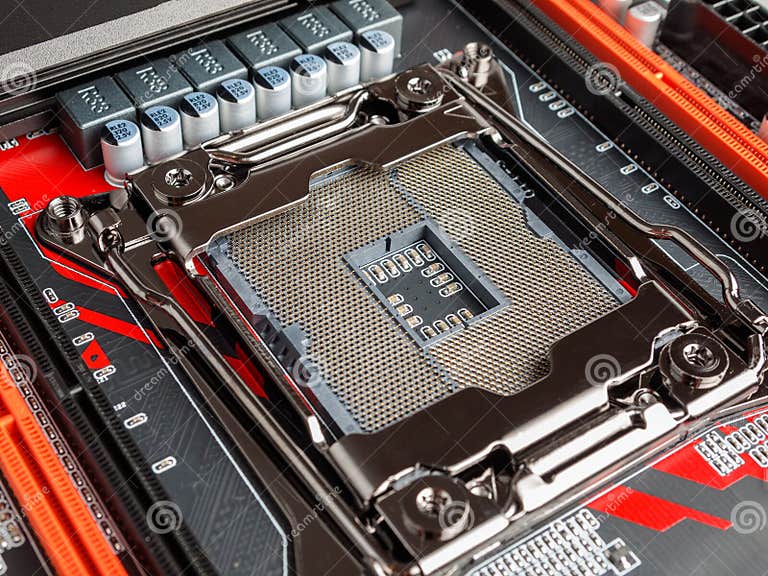 Open Socket for Microprocessor on Motherboard Close-up Computer ...