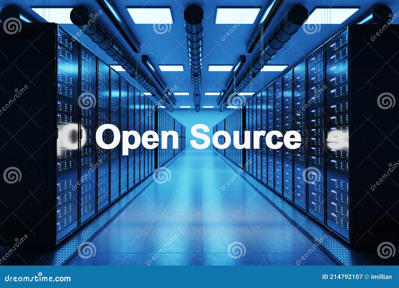 Open Source Logo in Large Modern Data Center with Multiple Rows of ...