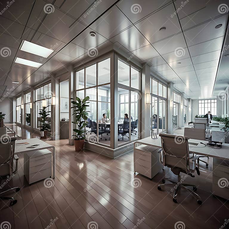 Open-space Modern Office, Multiple Computer Workstations, Ergonomic ...