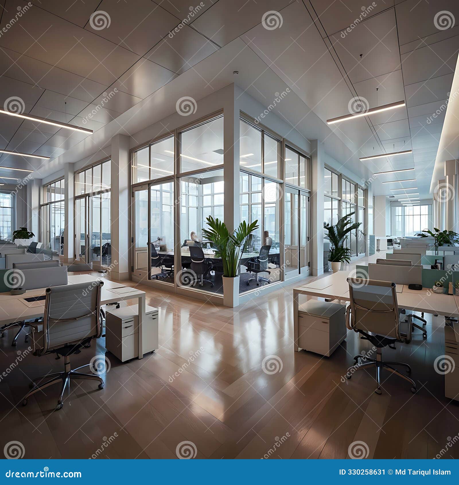 Open-space Modern Office, Multiple Computer Workstations, Ergonomic Chairs, Large Window with ...