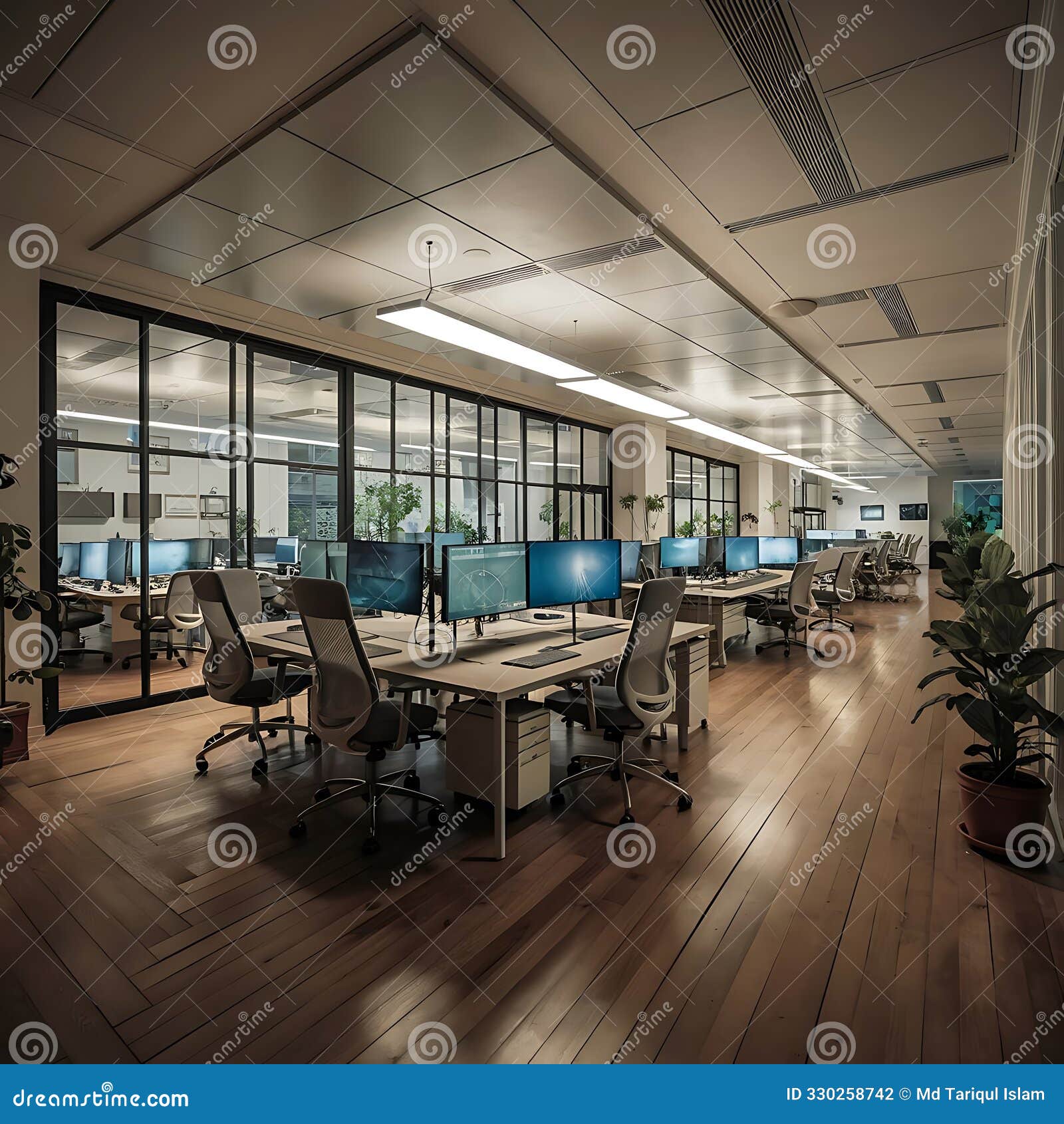 Open-space Modern Office, Multiple Computer Workstations, Ergonomic Chairs, Large Window with ...