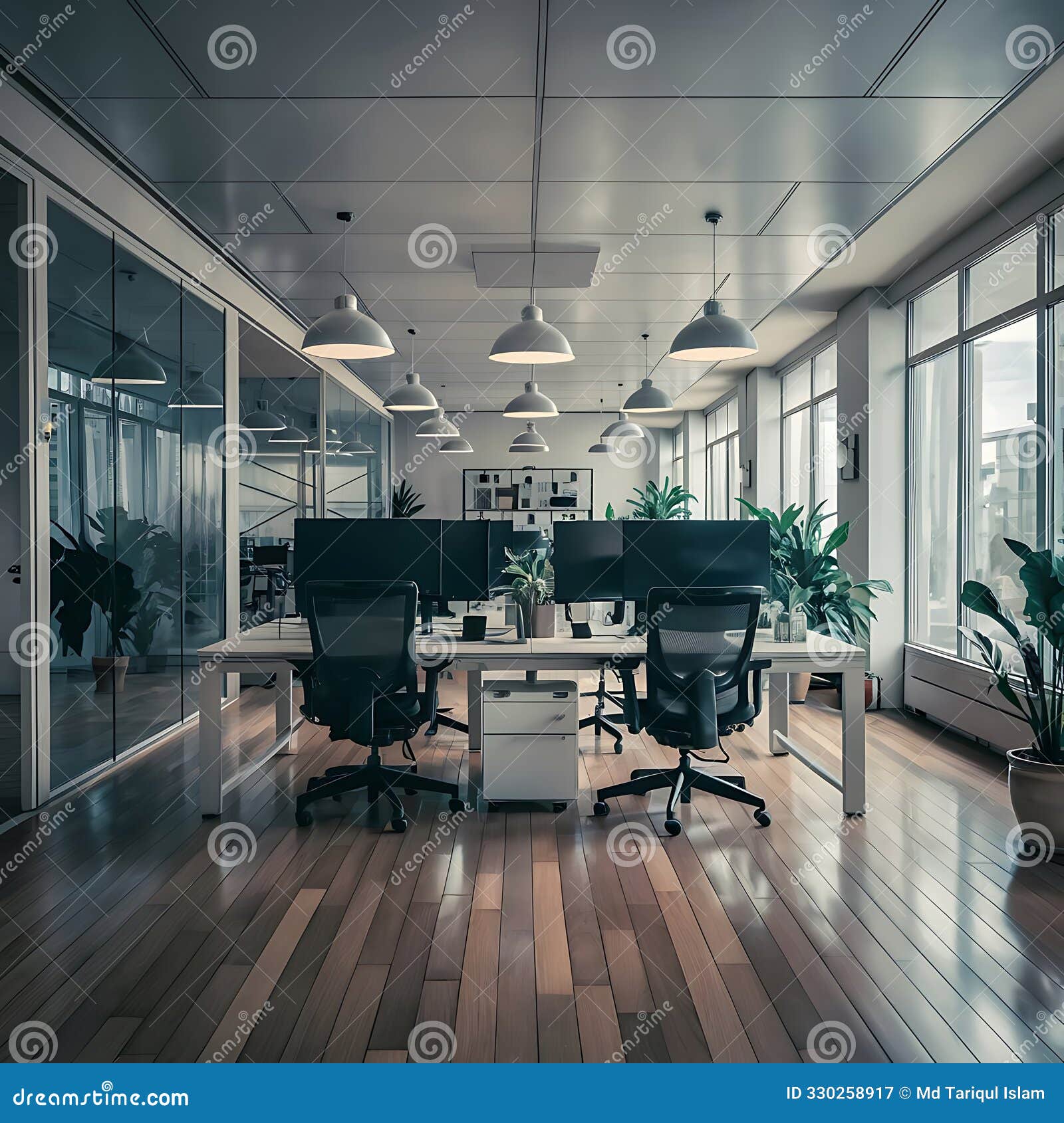 Open-space Modern Office, Multiple Computer Workstations, Ergonomic ...