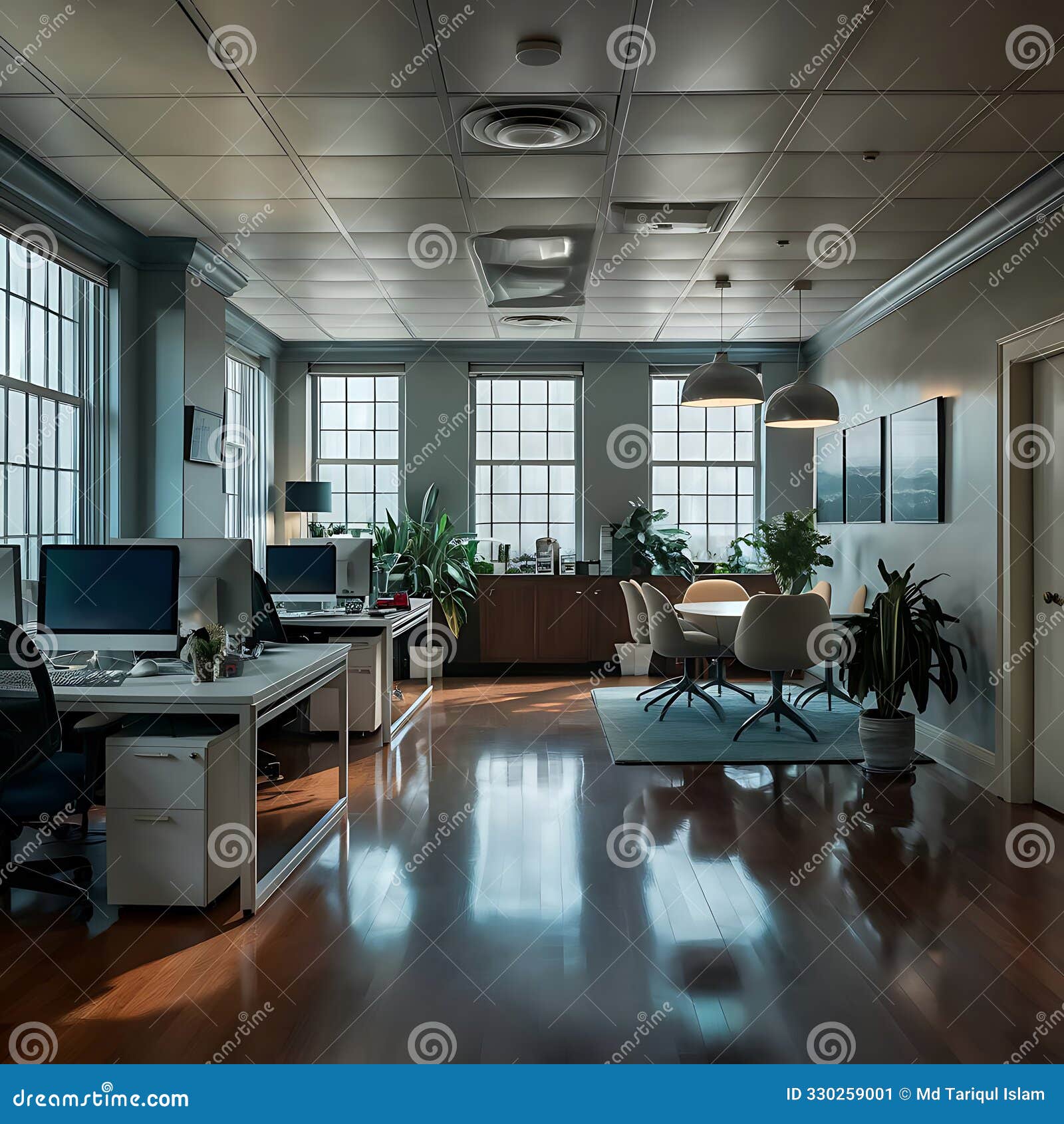 Open-space Modern Office, Multiple Computer Workstations, Ergonomic ...