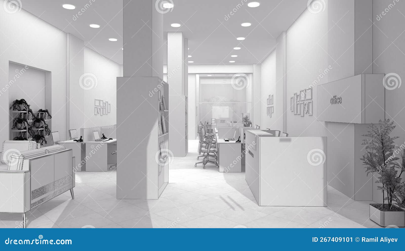 Office Interior Grid 3D Rendering Stock Illustration - Illustration of ...