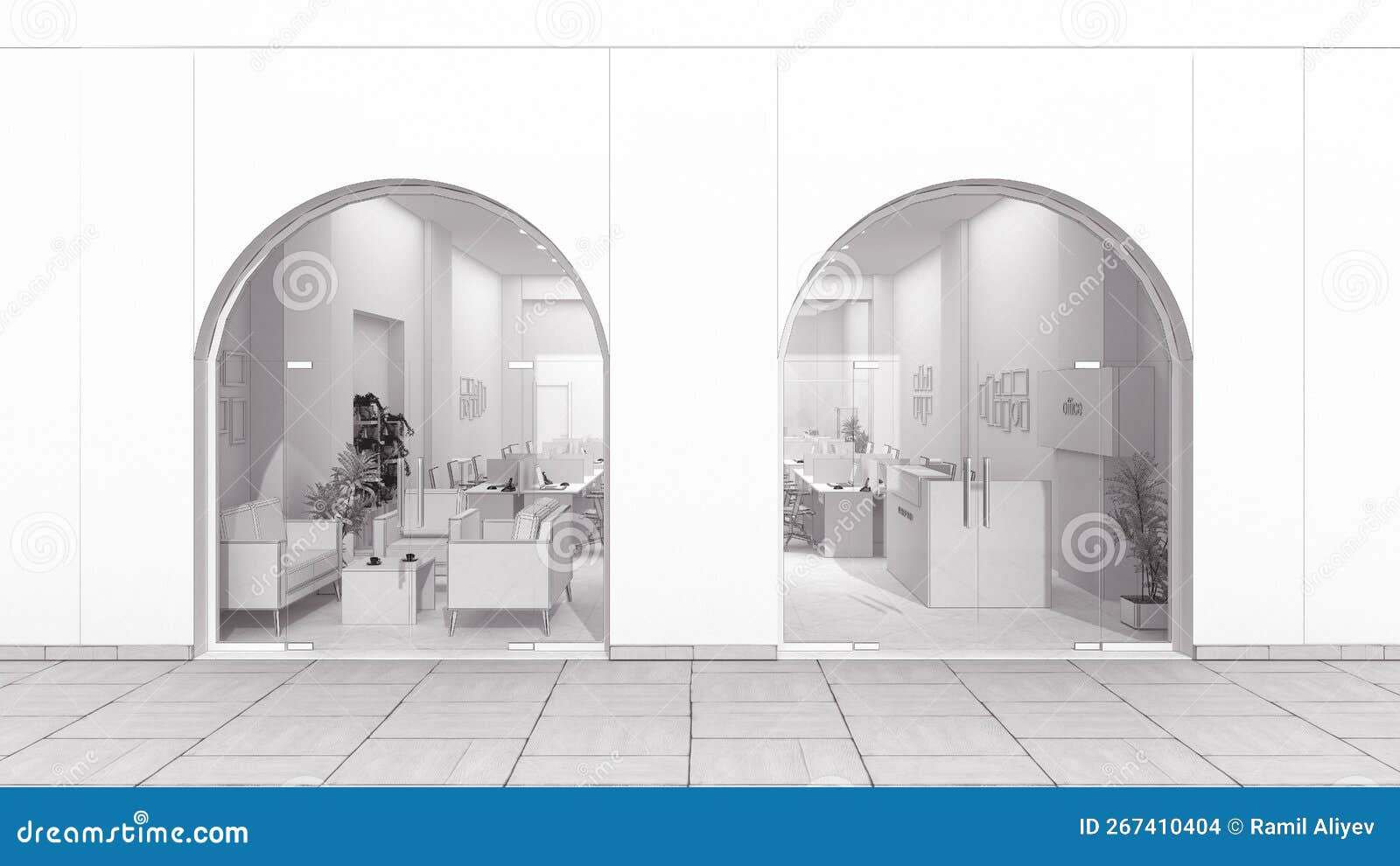 Office Interior View from the Street Grid 3D Rendering Stock ...