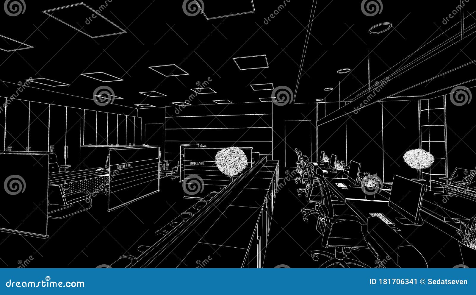 Open Space Office Perspective Draw on Black Background Sketch 3D ...