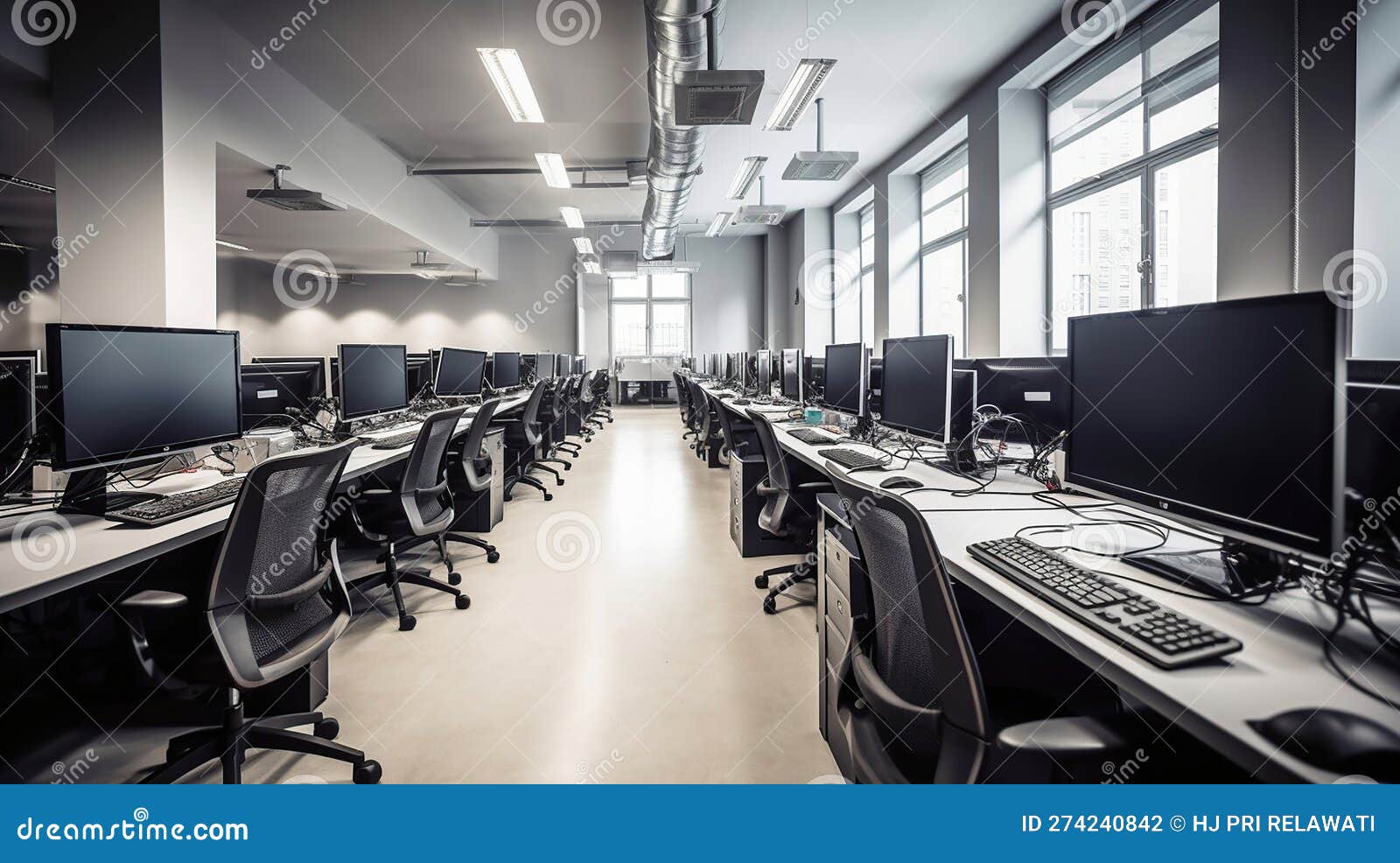 Open Space Office with Rows of Computer Tables. Generative Ai Stock ...