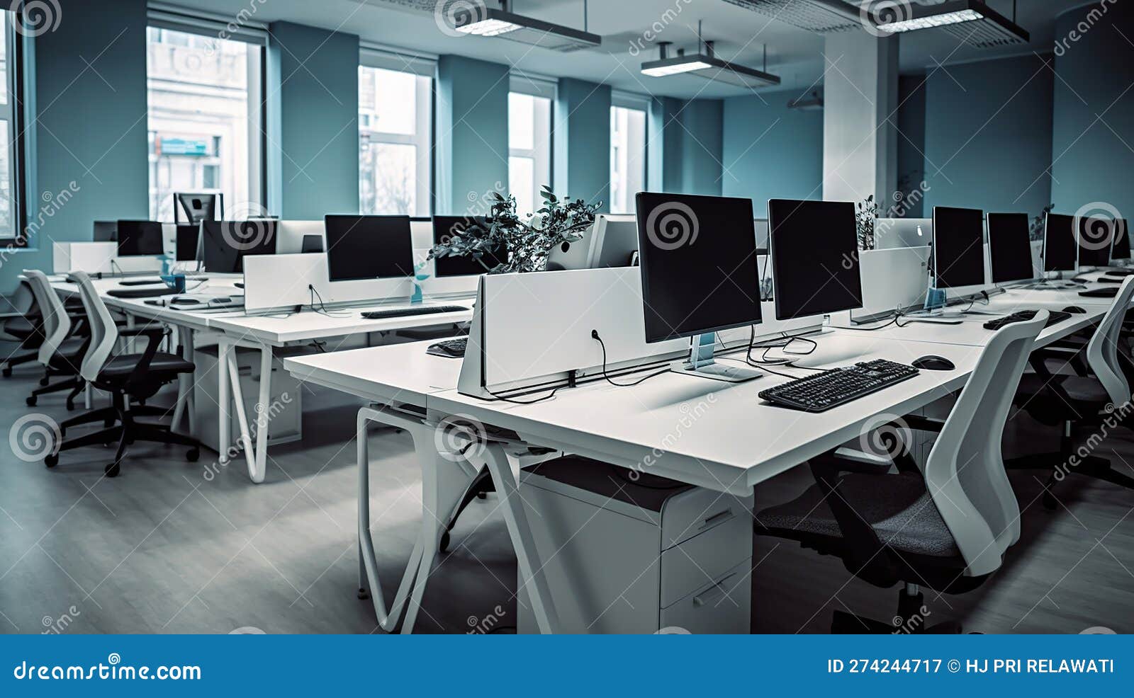 Open Space Office with Rows of Computer Tables. Generative Ai Stock ...