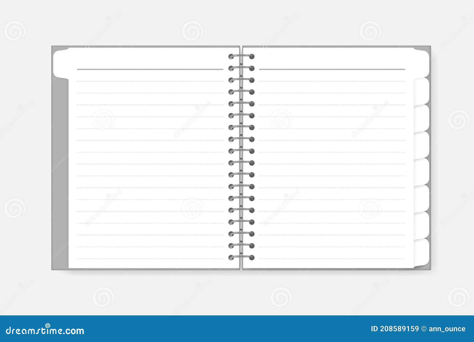 Open Spiral Dashed Lined Notebook with Divider Tab Pages Vector Mockup ...