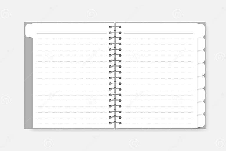 Open Spiral Dashed Lined Notebook with Divider Tab Pages Vector Mockup ...