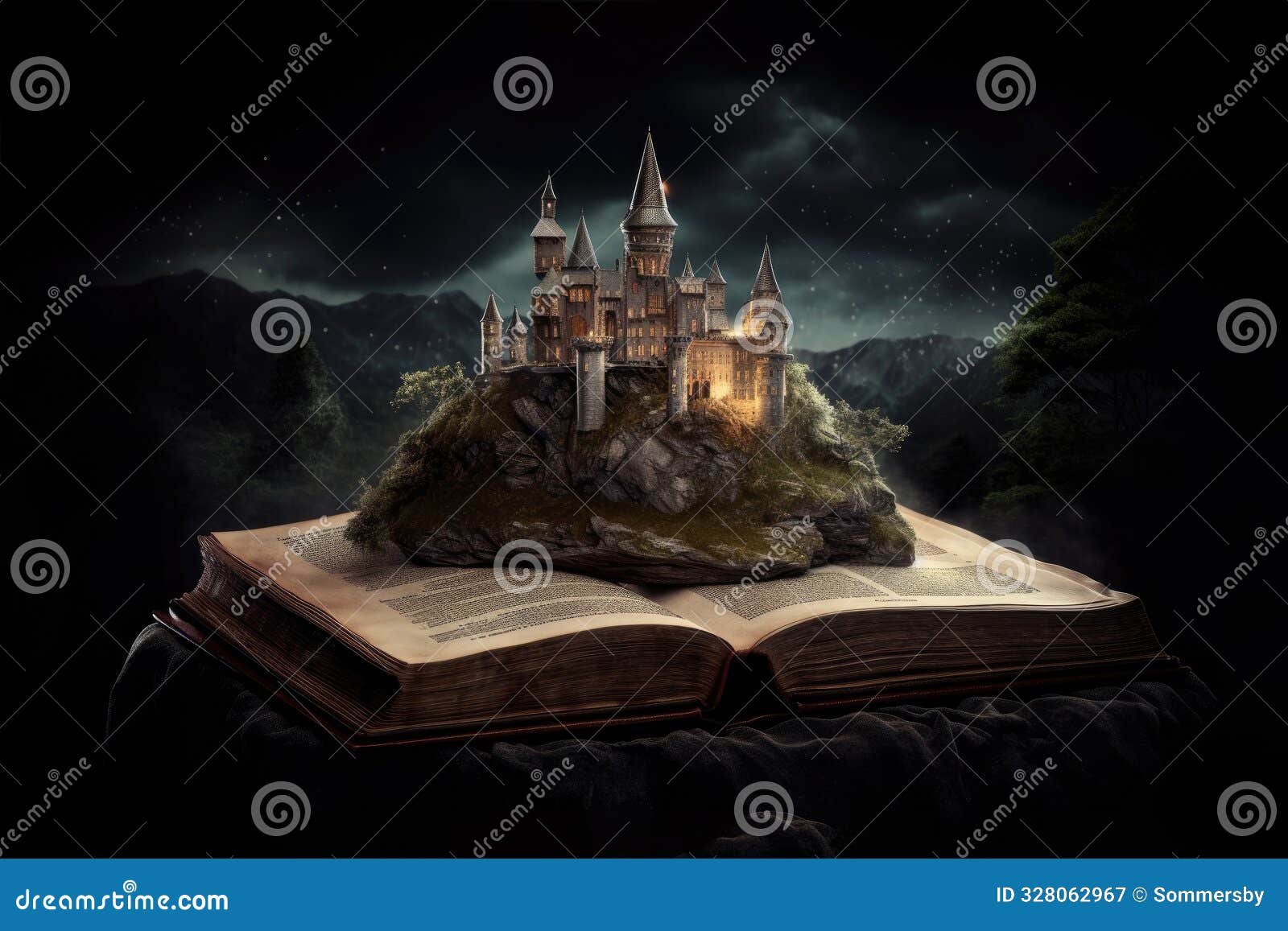 Open a Storybook with Medieval Castle on a Mountainside with Lighted ...