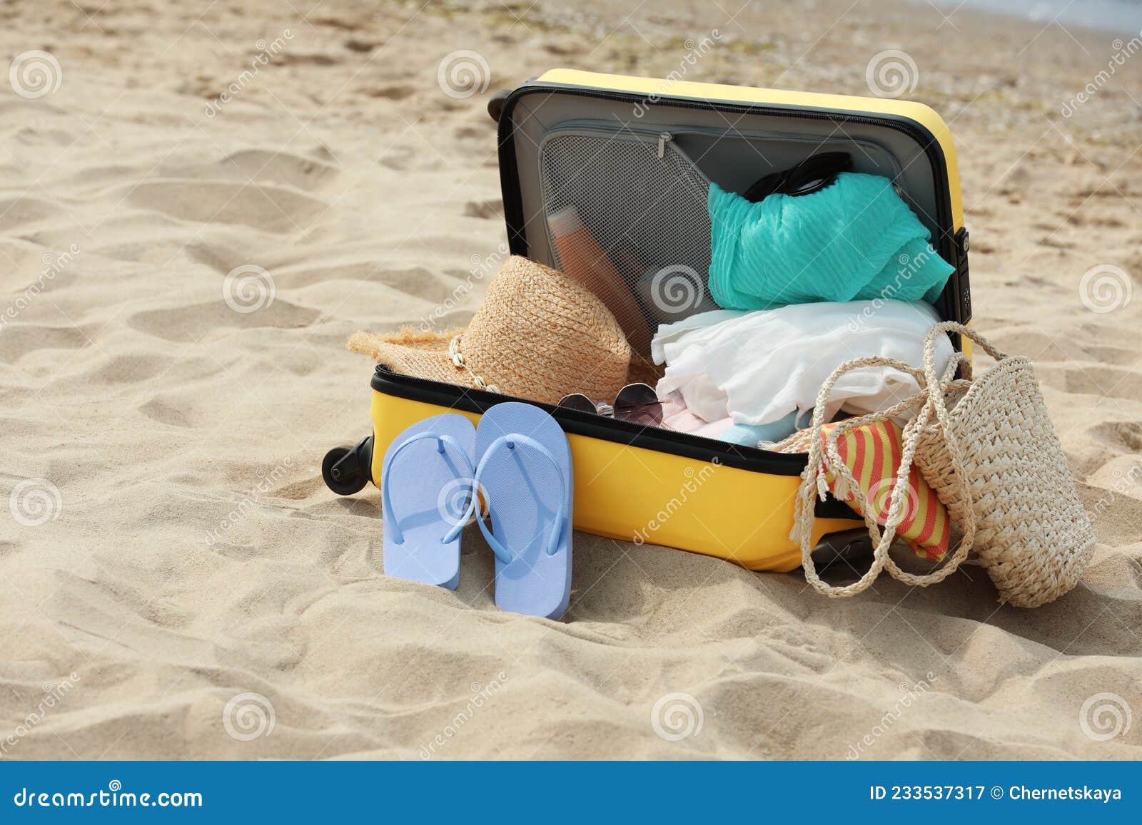 Open Suitcase with Beach Items on Sandy Coast Stock Image - Image of ...