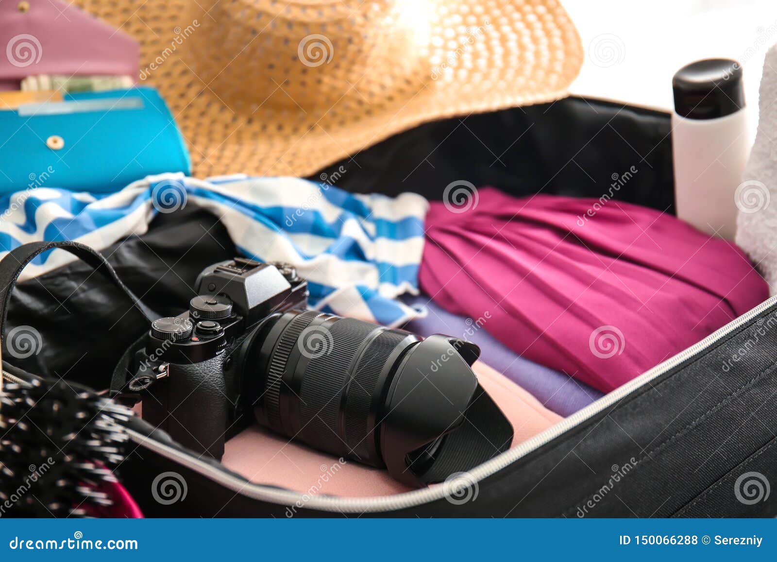 Open Suitcase with Packed Things, Closeup Stock Photo - Image of open ...