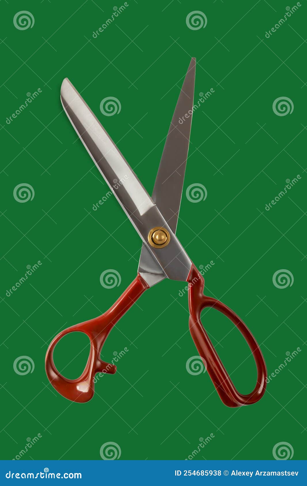 Open Tailor`s Scissors with a Red Handle on a Neutral Green Background ...