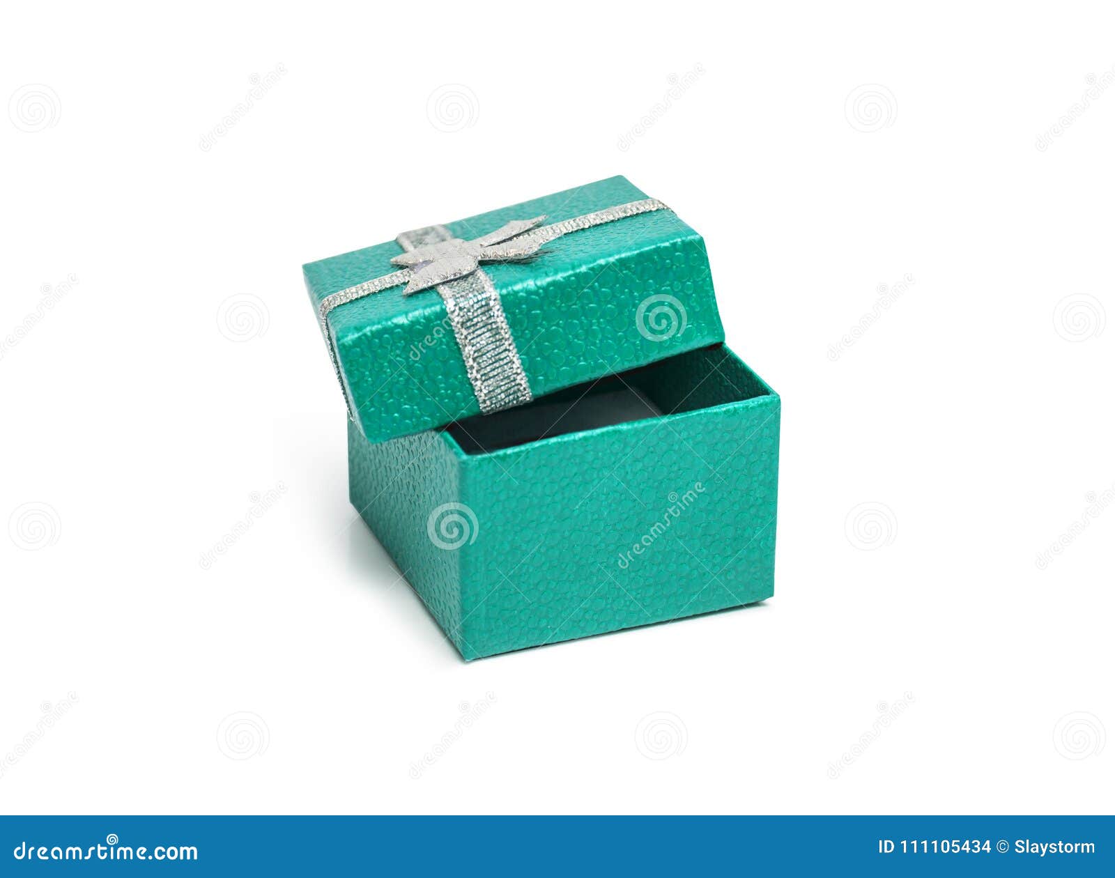 Open Tea Colour Gift Box with Silver Ribbon Isolated on White Ba Stock ...