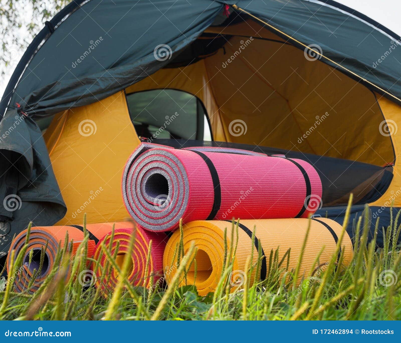 Open Tent and Rolled Sleeping Pads Stock Photo - Image of discovery ...