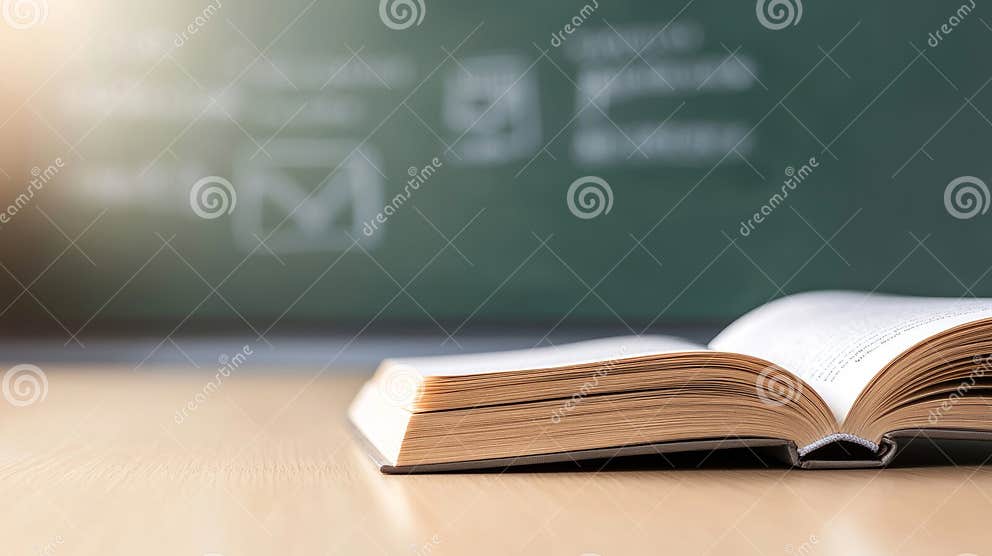Open Textbook on a Classroom Desk with a Blurred Blackboard in the ...