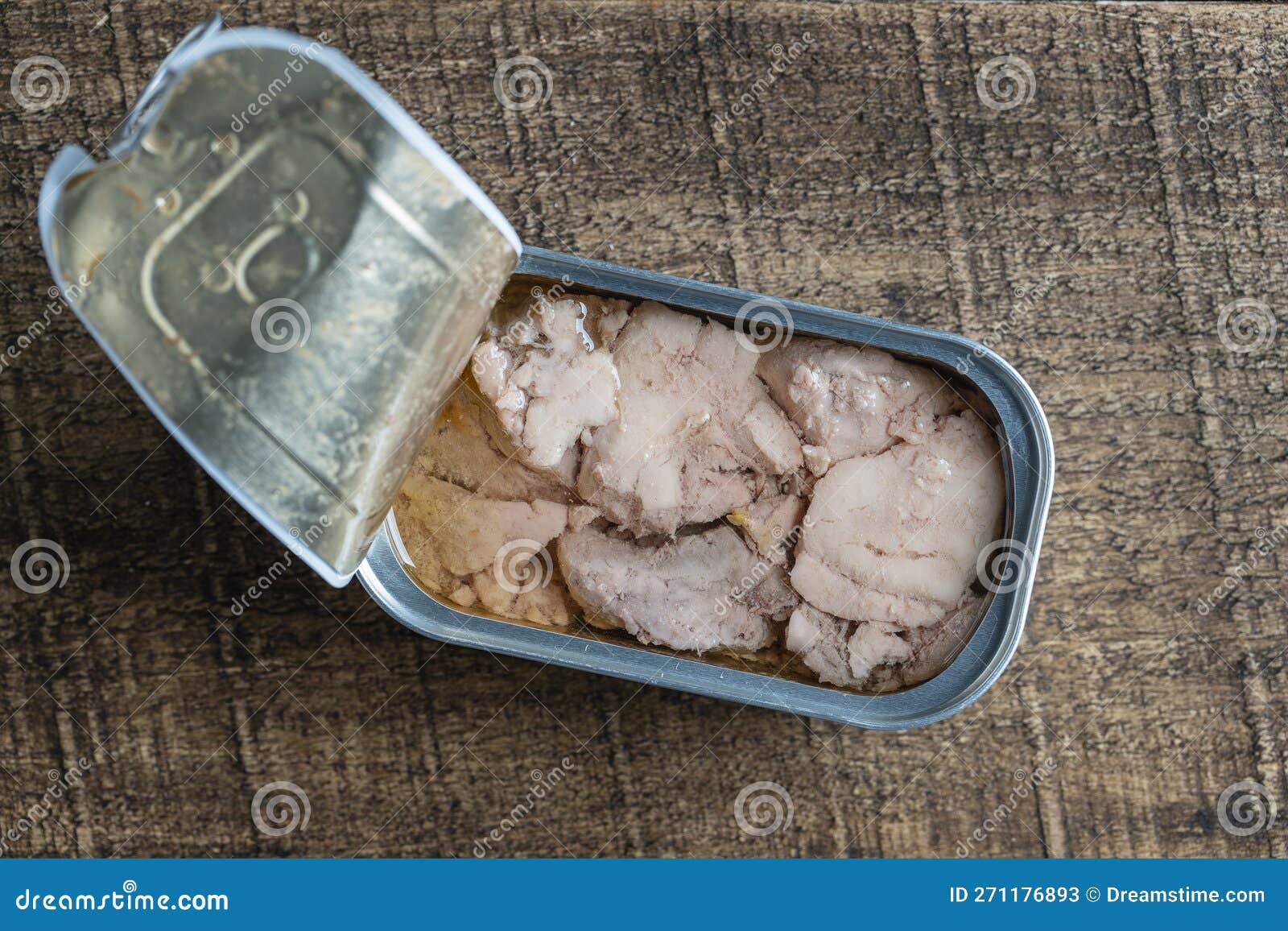 Open Tin Can with Cod Liver on Wooden Table Background, Closeup, Top ...