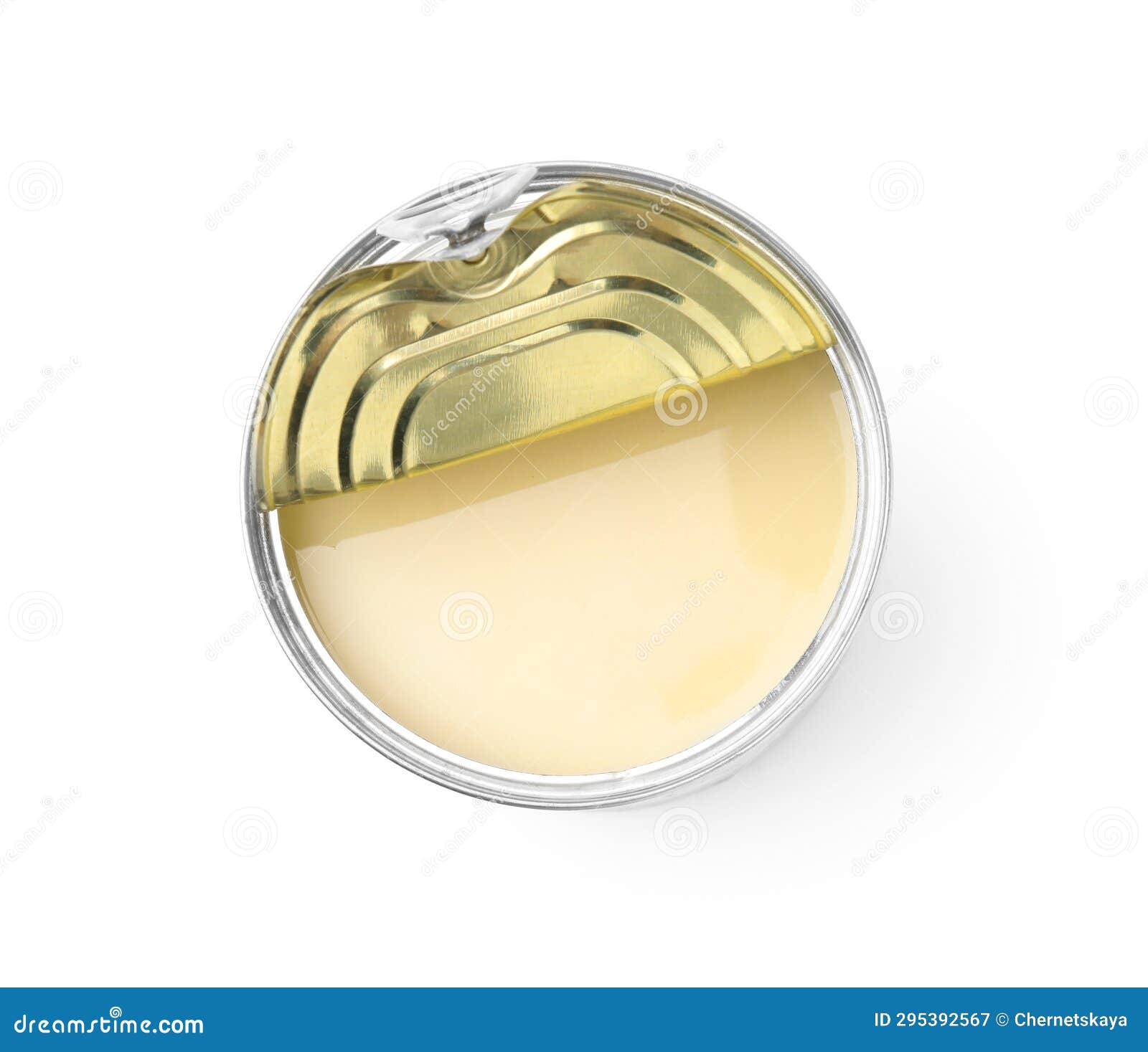 Open Tin Can with Condensed Milk Isolated on White, Top View Stock ...