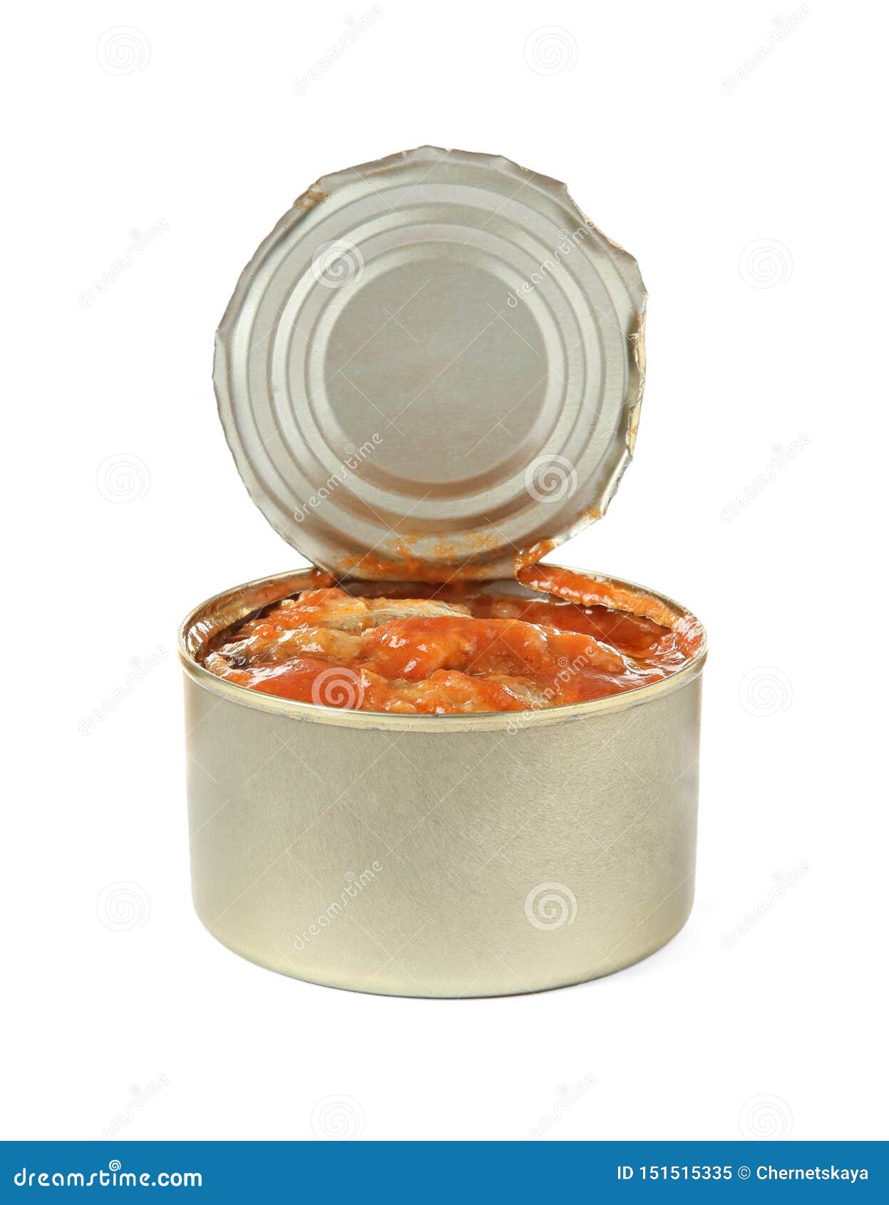 Open Tin Can of Fish in Tomato Sauce on White Stock Image - Image of ...