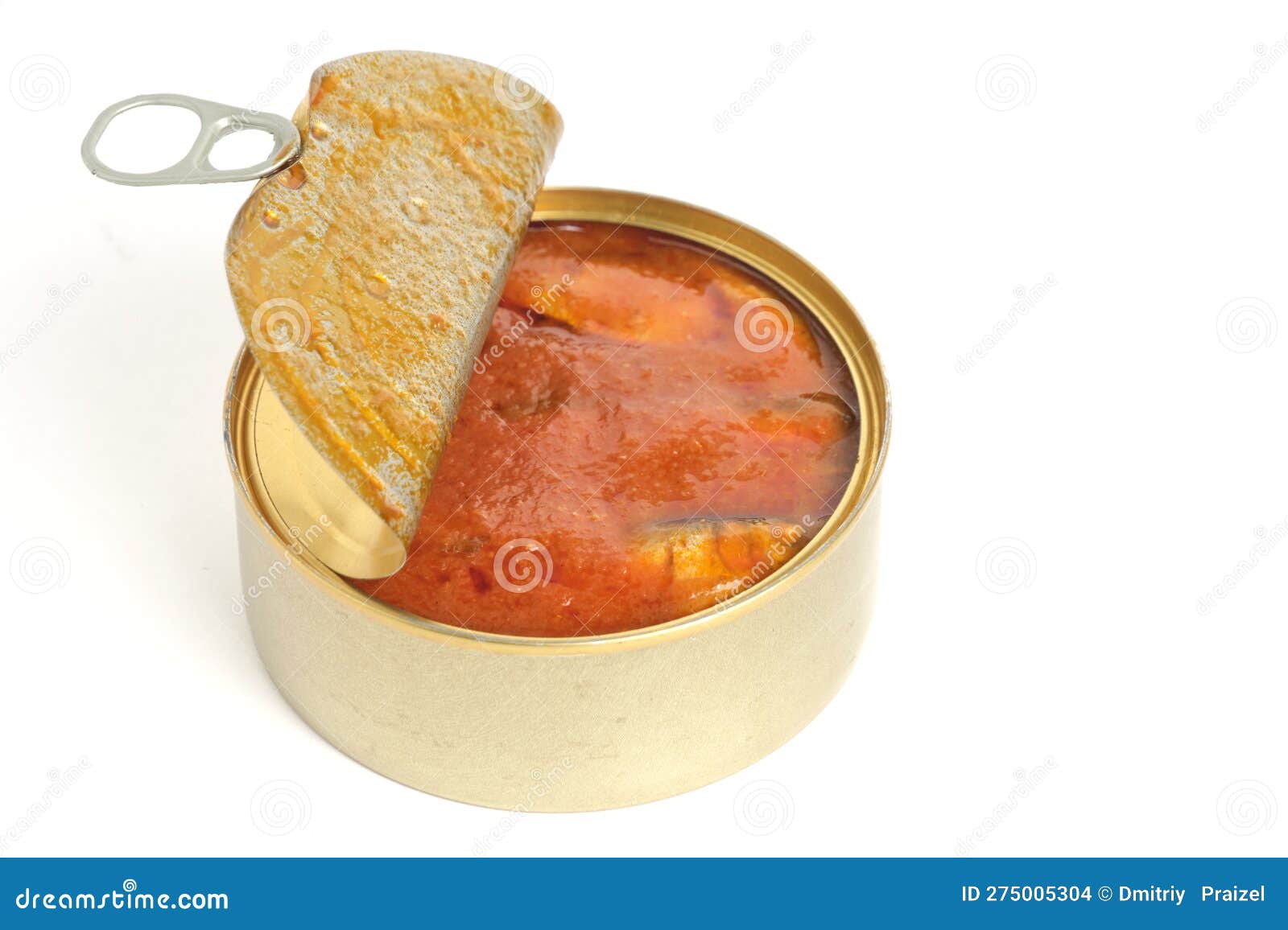 Open Tin Can with Fish in Tomato on White Background. Stock Photo ...