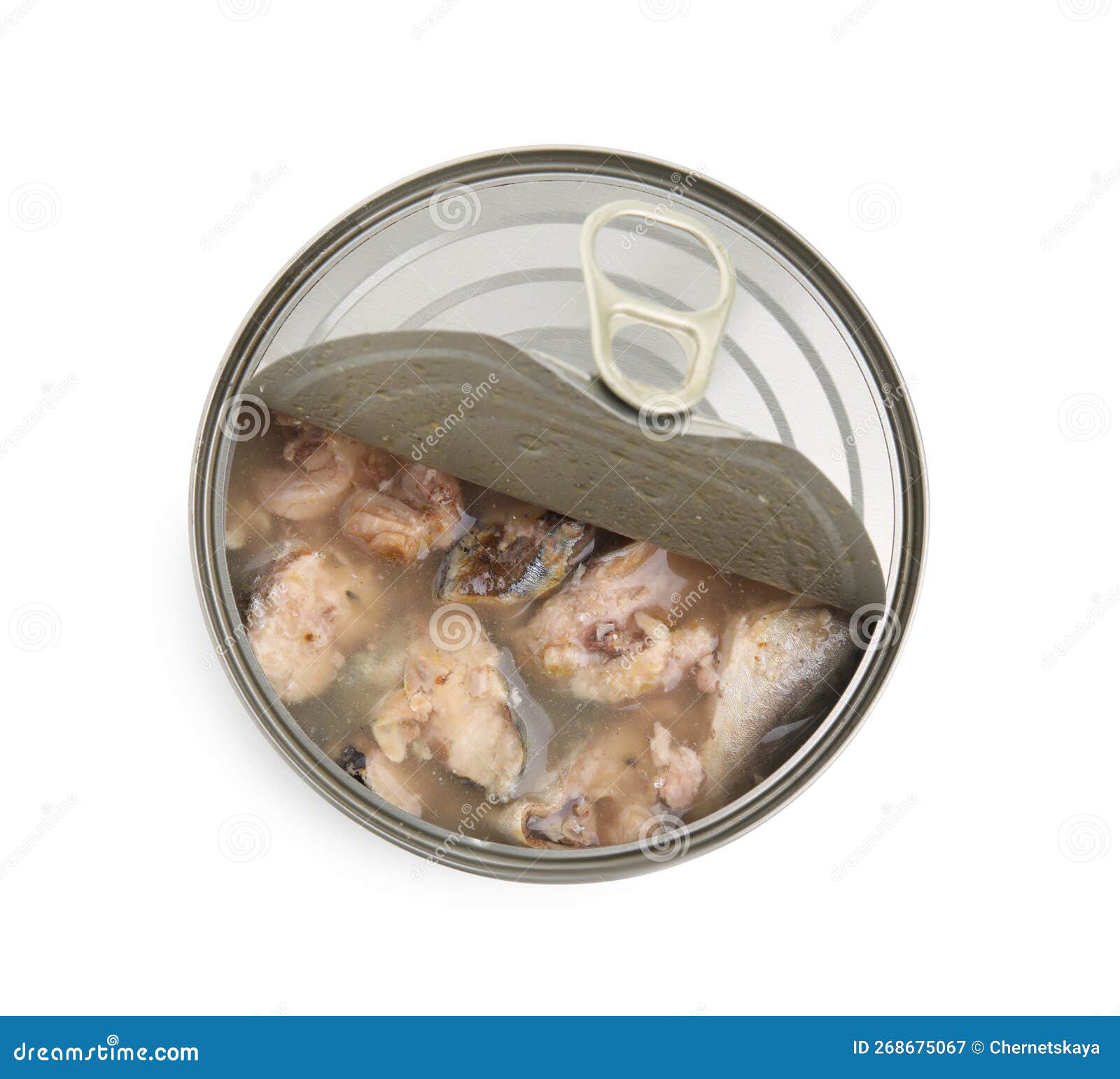 Open Tin Can with Mackerel Chunks Isolated on White , Top View Stock ...