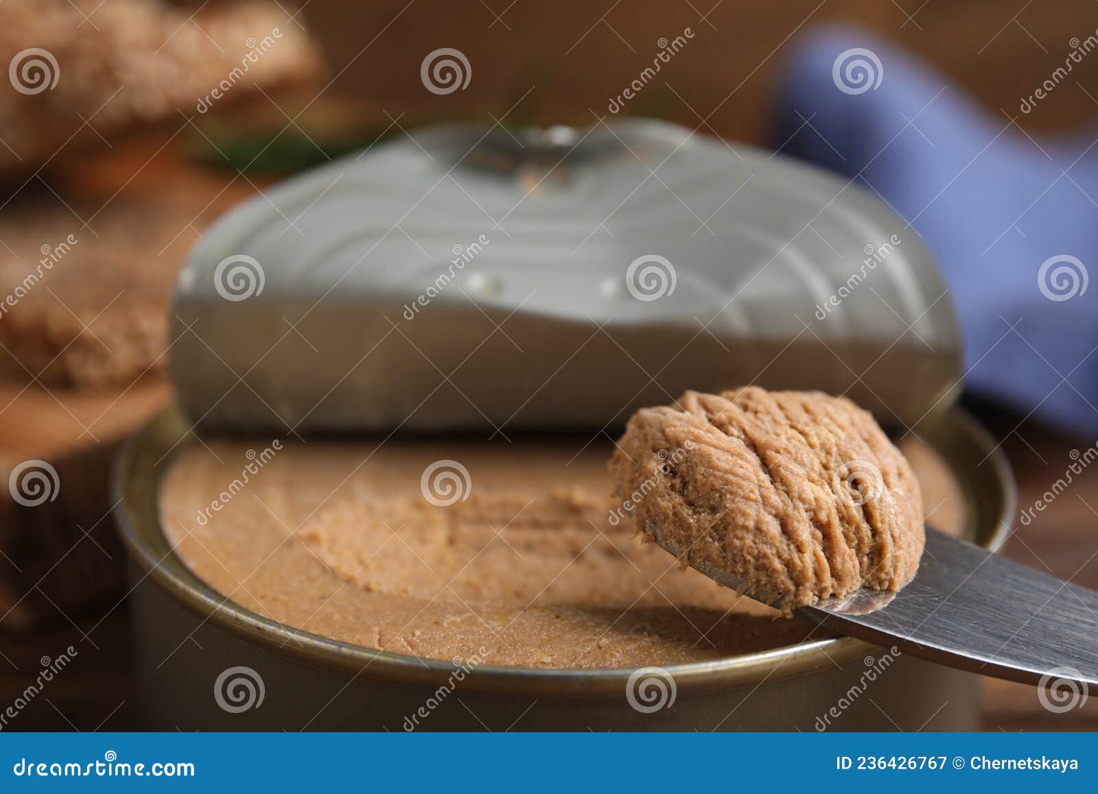Open Tin Can with Meat Pate and Knife on Table, Closeup Stock Image ...