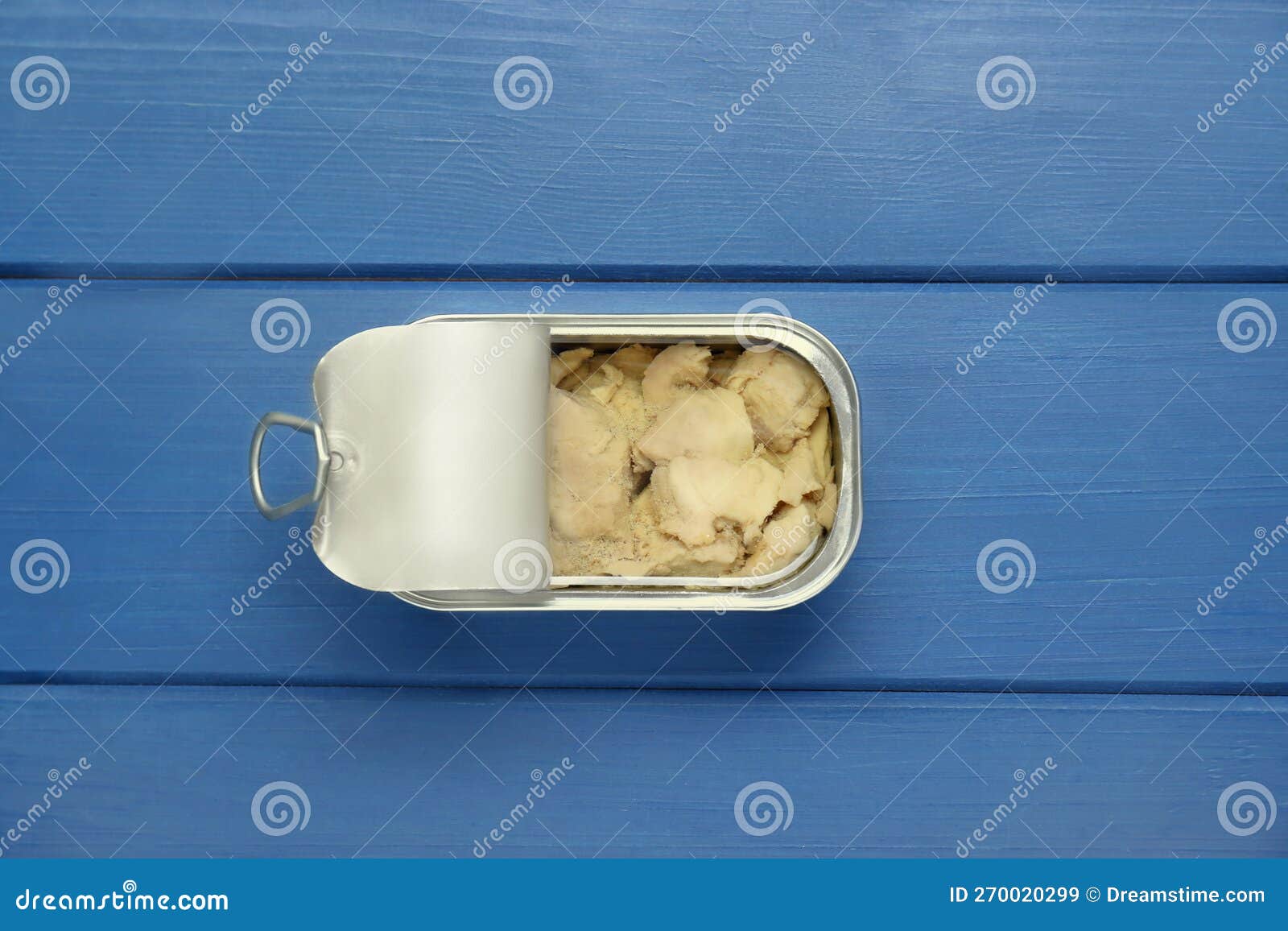 Open Tin Can of Tasty Cod Liver on Blue Wooden Table, Top View Stock ...