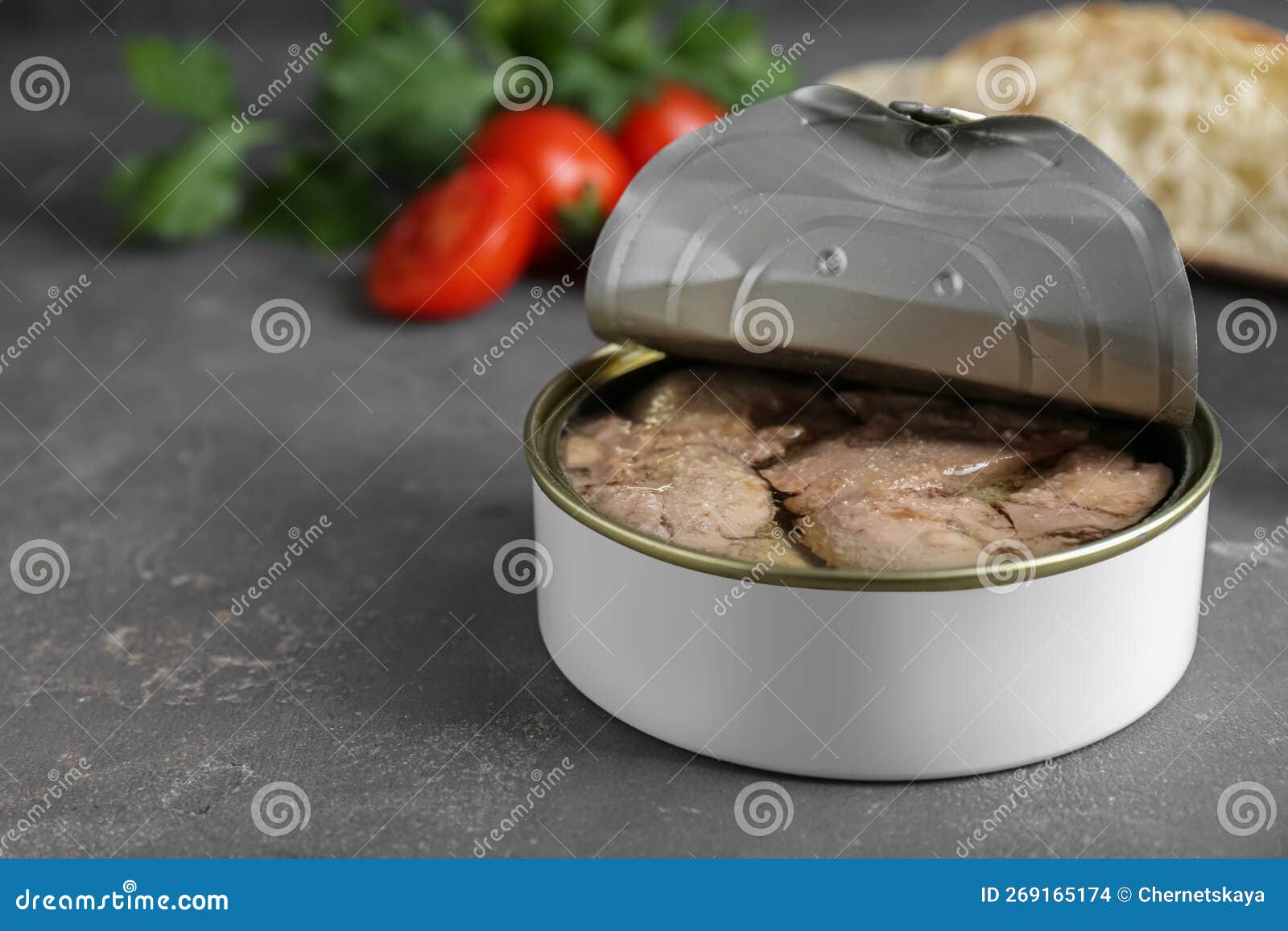 Open Tin Can of Tasty Cod Liver on Grey Table, Closeup. Space for Text ...