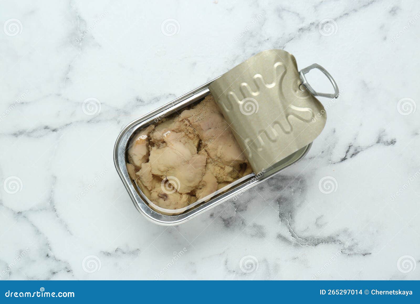 Open Tin Can of Tasty Cod Liver on White Marble Table, Top View Stock ...